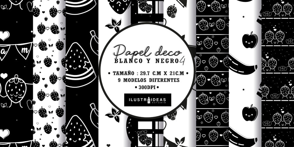 Papel Deco Blanco Y Negro N º 4 Strawberry Ilustraideas