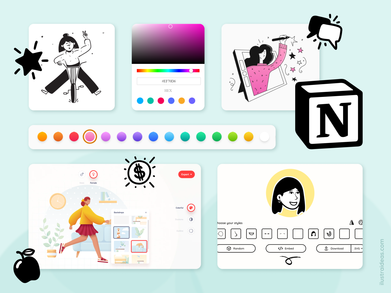 7 páginas de ilustraciones estilo Notion - Ilustraideas
